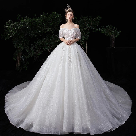 Gaun Wedding Dress Off The Shoulder Long Tailed Princess Dream Ball ...