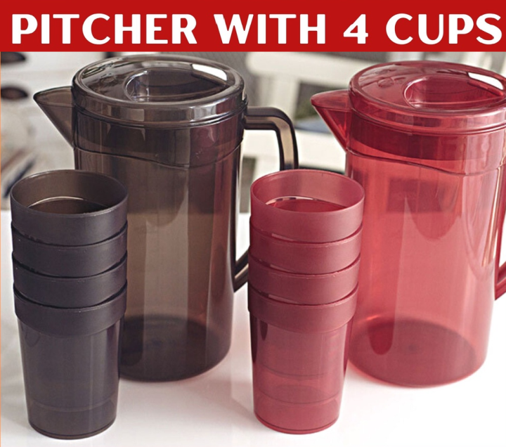 E-STORE 2L Water Pitcher Set with Free 4 Cups Large Fiberglass Juice ...