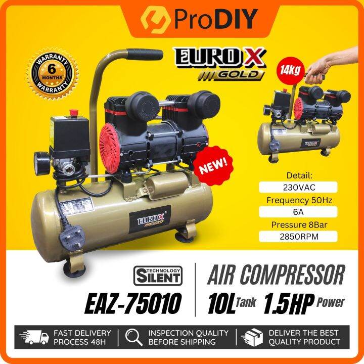EUROPOWER EUROX 230VAC EAZ-75010 10LITRE SILENT OILFREE AIR COMPRESSOR Kompresor Senyap Mini ...