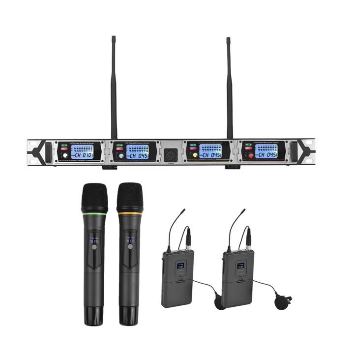 D4-3 Professional 4-Channel UHF Wireless Microphone System Includes 2 Lapel Mics with Bodypack ...