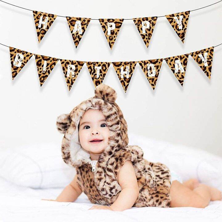 Wild One Leopard Happy Birthday Banner Cheetah Print Pennants Flag ...