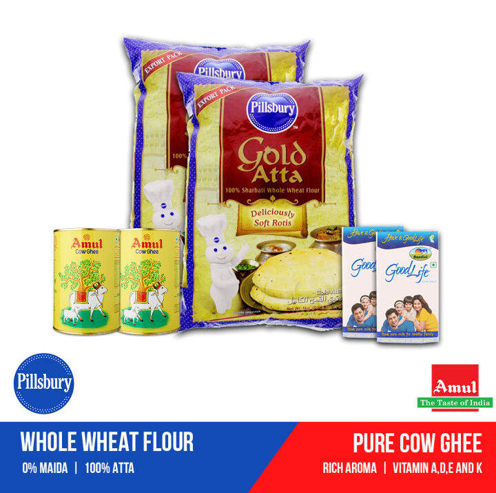 Pillsbury Gold Atta 5kgX2, Amul Ghee Yellow Tin 1LX2, Nandhini Good ...