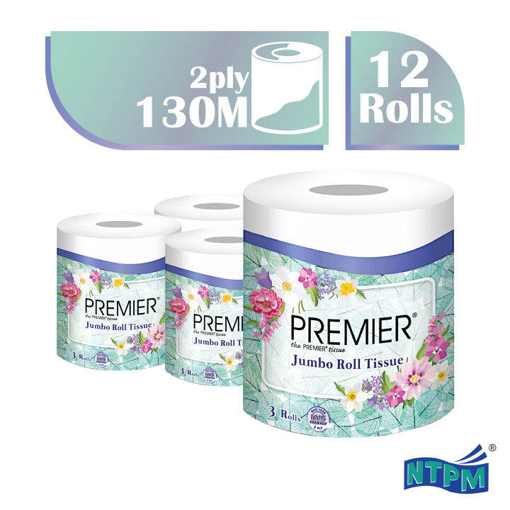 [12 Rolls] Premier Floral Pulp Jumbo Roll Tissue Paper 130m - Carton of 4 | Lazada Singapore