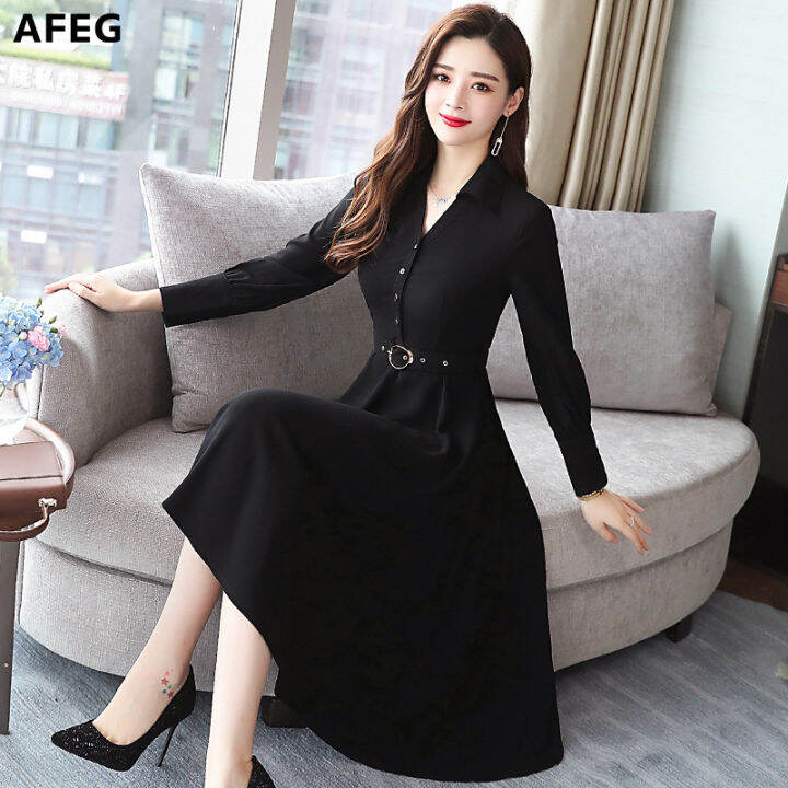 Afeg New Korean Womens Long Sleeve V Neck Black Elegant Dress Lazada Ph