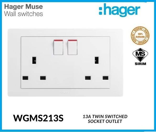 HAGER MUSE WGMS213S 13A 250V Twin Gang Switched Socket, White | Lazada