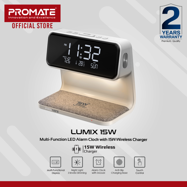 Promate Lumix-15W 3 in 1 Multi-Function LED Alarm Clock with 15W ...