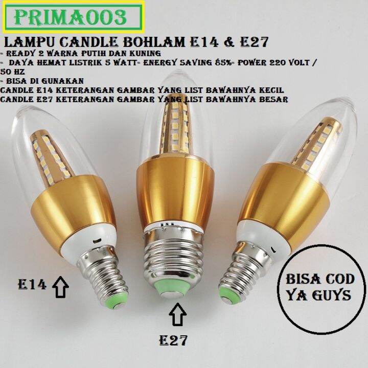 Lampu Candle Led Bohlam lampu lilin gantung Smd 5 Watt E14 & E27 Putih Kuning | Lazada Indonesia