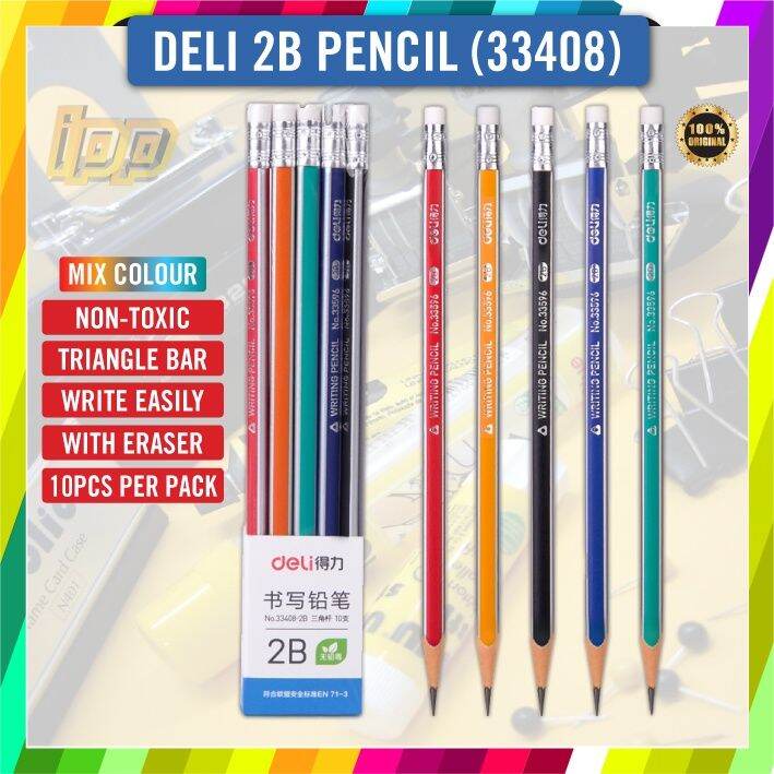 DELI Triangle 2B Pencil non-toxic witrh Eraser 10pcs Per Pack | Lazada