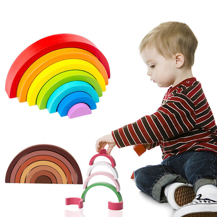 ไม้สายรุ้งซ้อนอาคารบล็อก Montessori ของเล่นสร้างสรรค์ของเล่นปราศจากสาร