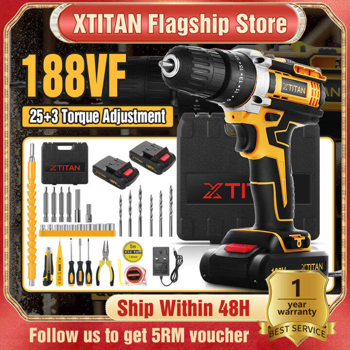 【XTITAN Flagship Store】2Battery 188VF 3in1 use Cordless Impact Drill Electric Rechargeable Drill ...
