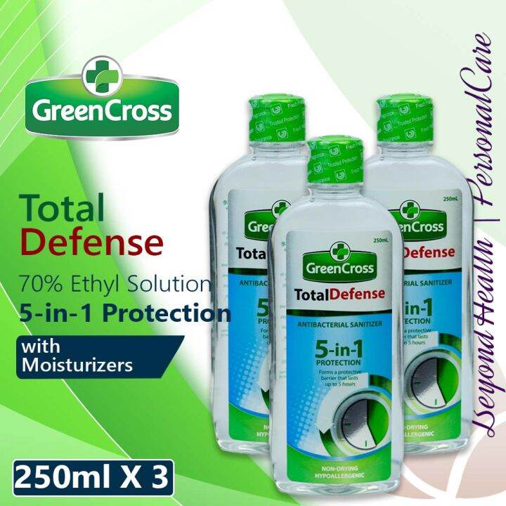 Green Cross Total Defense Antibacterial Sanitizer 70% Ethyl Solution 5-in-1 Protection 250ml X 3 ...