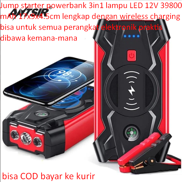 Jump starter powerbank 3in1 lampu LED 12V 39800mAh 17x9x4.5cm lengkap ...