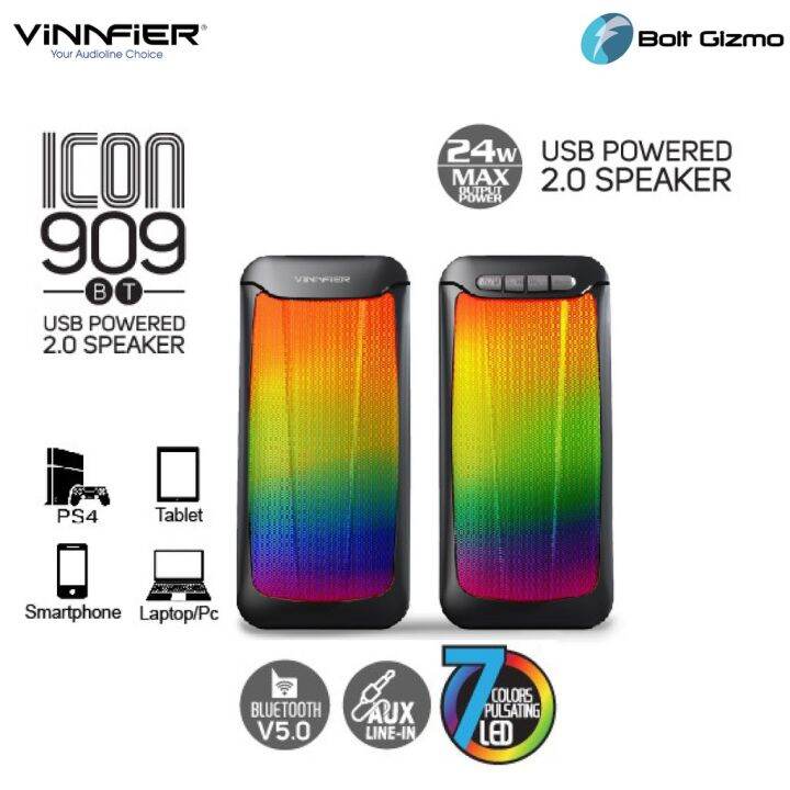 Vinnfier Icon 909 BT Bluetooth USB Speaker 7 Modes LED Lights Aux Line ...