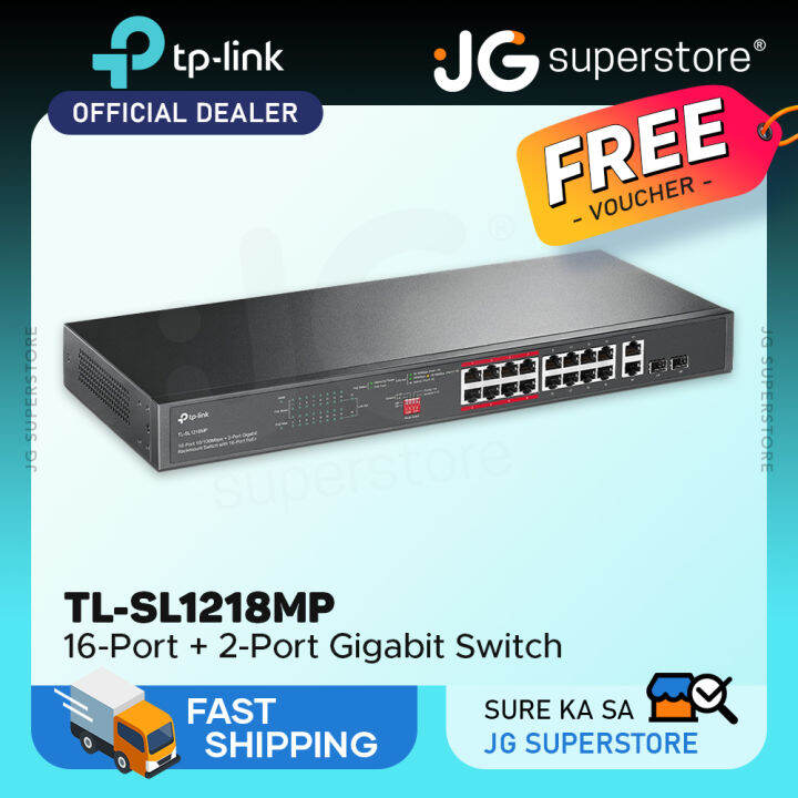 TP-Link TL-SL1218MP 16-Port 10/100 Mbps + 2-Port Gigabit Rackmount Switch with 16-Port PoE+, 2x ...