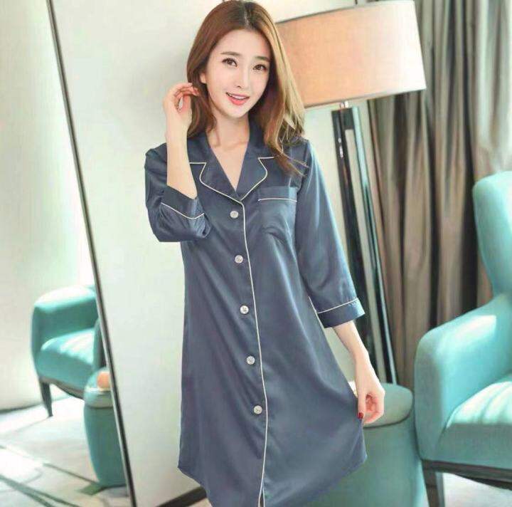 tichada 2266 เสื้อนอนหรือกระโปรงแขน8ส่วนคอปกผ้าซาติน ใส่สบายน่ารักๆ ไม่ร้อนไม่เครืองผิด แถมผ้า ...