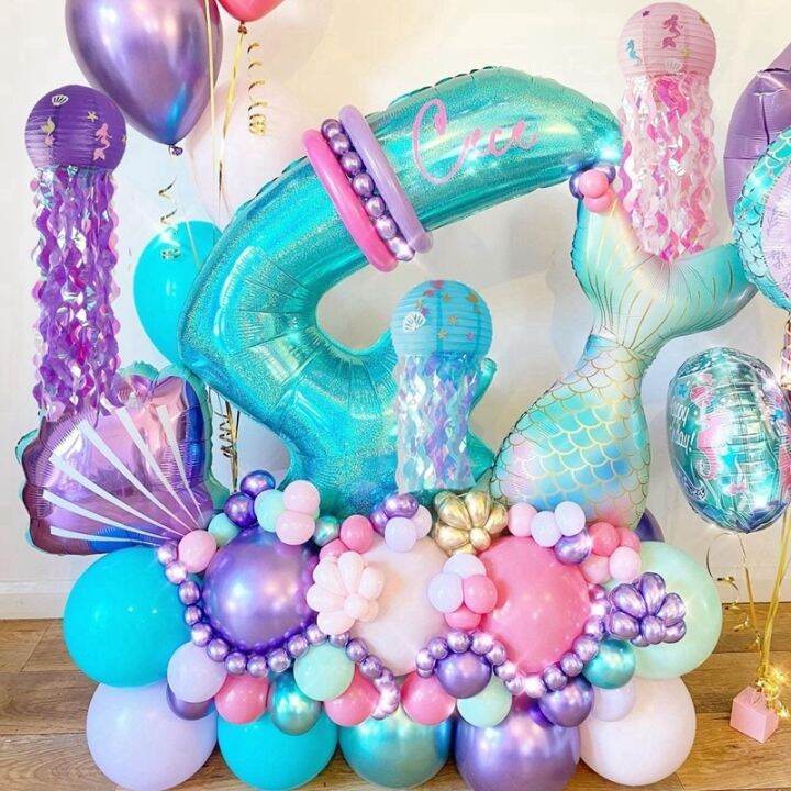 [Afei Toy Base] ชุดโคมไฟรูปนางเงือกสำหรับงานเลี้ยงวันเกิดถ้วยแผ่นลูกโป่งโคมไฟแมงกะพรุนแบบแขวน ...