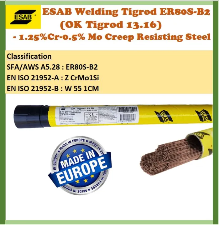 ESAB Welding Tig Rod ER80S-B2 (OK Tigrod 13.16) - 1.25%Cr-0.5% Mo Creep Resisting Steel -- ER80S ...
