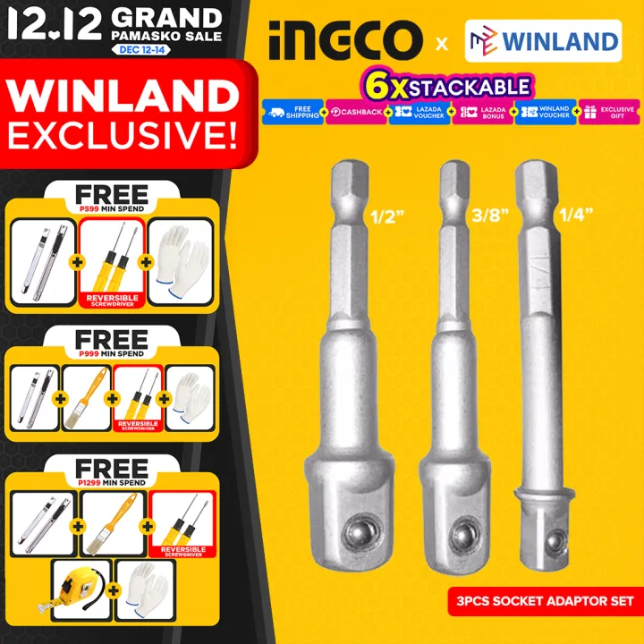 INGCO by Winland 3pcs Socket Adaptor Set with 1/4" Hex Shank AMN365A01 ...