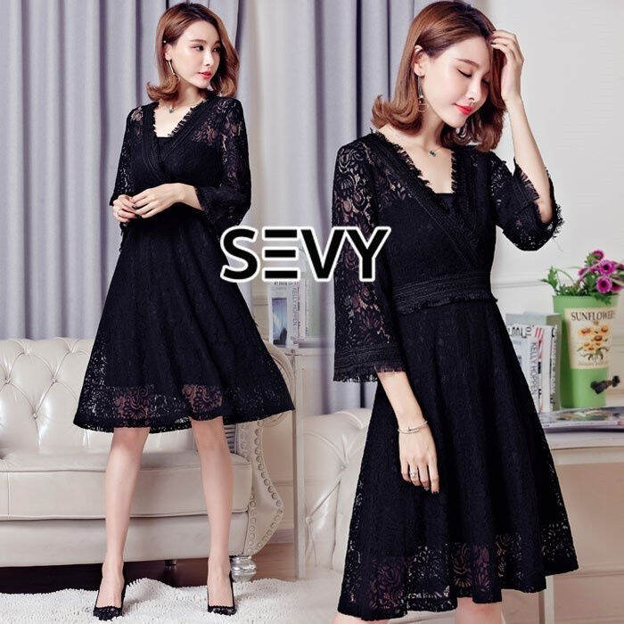 ชุดเดรส SEVY DRESS / Sevy Mini Dress เดรสลูกไม้เกรดคอวี ช่วงเเขน อก เอว แต่งด้วยผ้าโครเชต์ ผ้าทอ ...