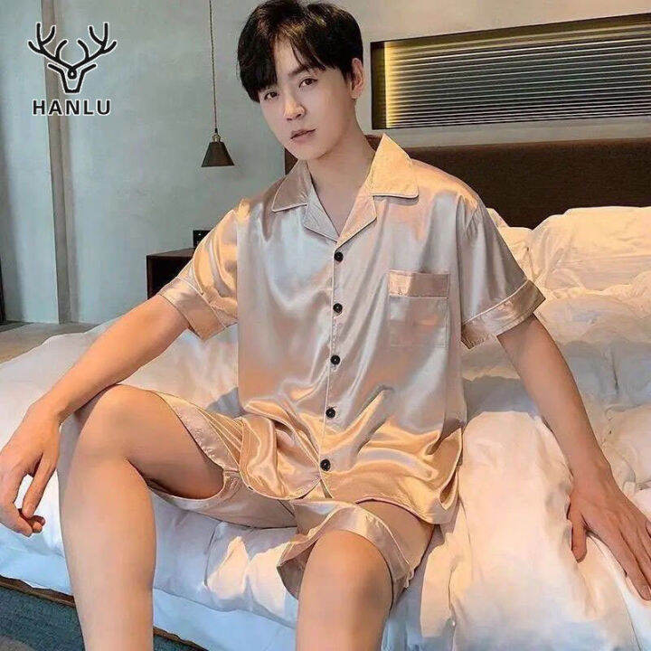Hanlu ชุดนอนแขนสั้นผู้ชาย,ชุดนอนสองชิ้น (เสื้อแขนสั้น + กางเกงขาสั้น) ชุดนอนคาร์ดิแกนผ้าไหมมีปก ...
