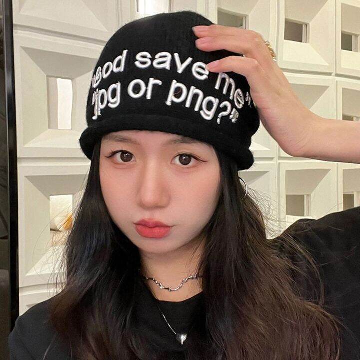 TIMIA ทรงกะลา หมวกถักมีตัวอักษร สไตล์อิน งานปัก หมวกสวมหัวปักลาย เย็น ...