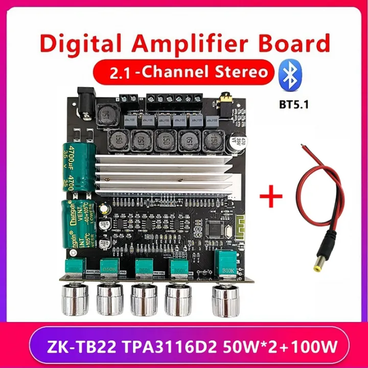 ZK-TB22 2.1 Channel Bluetooth Audio Amplifier Board with DC Cable TPA3116D2 50Wx2+100W Tweeter ...