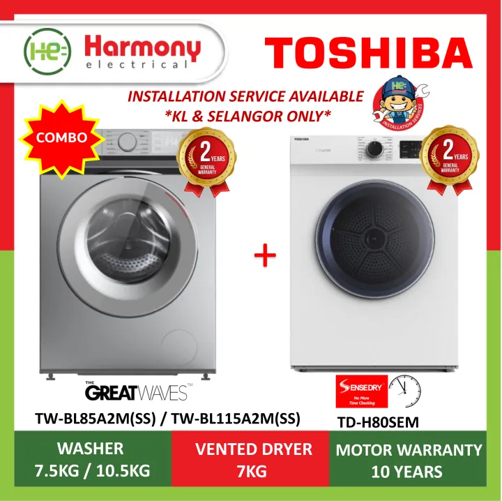 [COMBO]TOSHIBA 10.5kg Front Load Origin Inverter Washer TW-BL115A2M(SS) + TOSHIBA 7.0kg Dryer TD ...