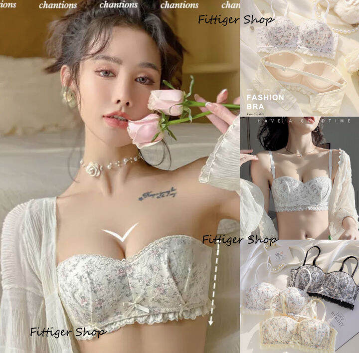 FittigerShop เสื้อในแฟชั่นผู้หญิง เสื้อชั้นในลูกไม้ลายดอกมีโบว์ เสื้อชั้นในไร้โครงน่ารัก มีฟอง ...