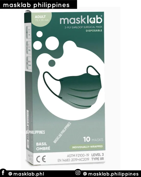 masklab : BASIL ( OMBRE ) : ADULT 3-PLY SURGlCAL MASK 2.0 (BOX OF 10, INDIVIDUALLY-WRAPPED ...