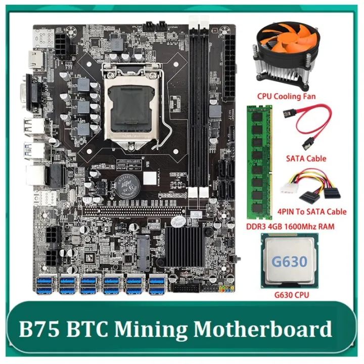 B75 ETH Mining Motherboard 12 PCIE to USB LGA1155 G630 CPU+Cooling Fan ...