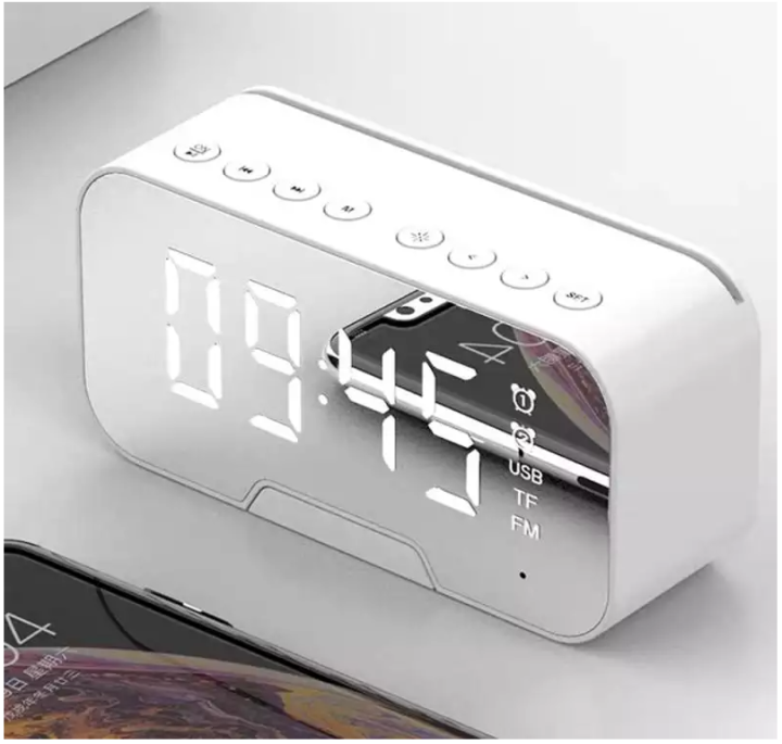 Loa Bluetooth không dây mini clock speaker D88 kiêm đồng hồ báo thức mặt kính trắng gương, âm ...