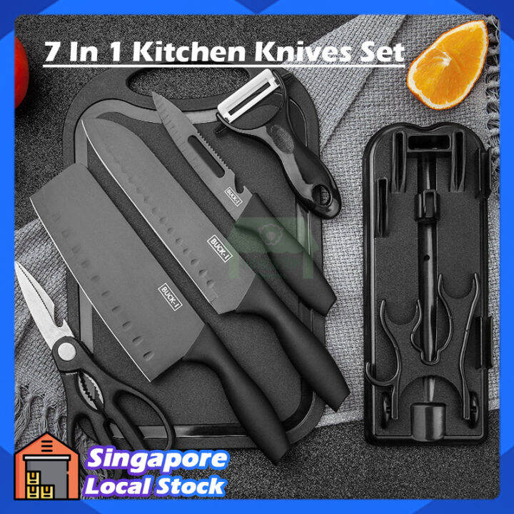 7 in 1 Kitchen Knives Set Black Stainless Steel with Chopping Board ...