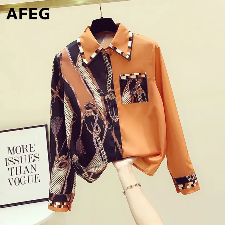 Afeg New Korean Fashion Loose And Versatile Temperament Silk Satin Printed Long Sleeved Blouse