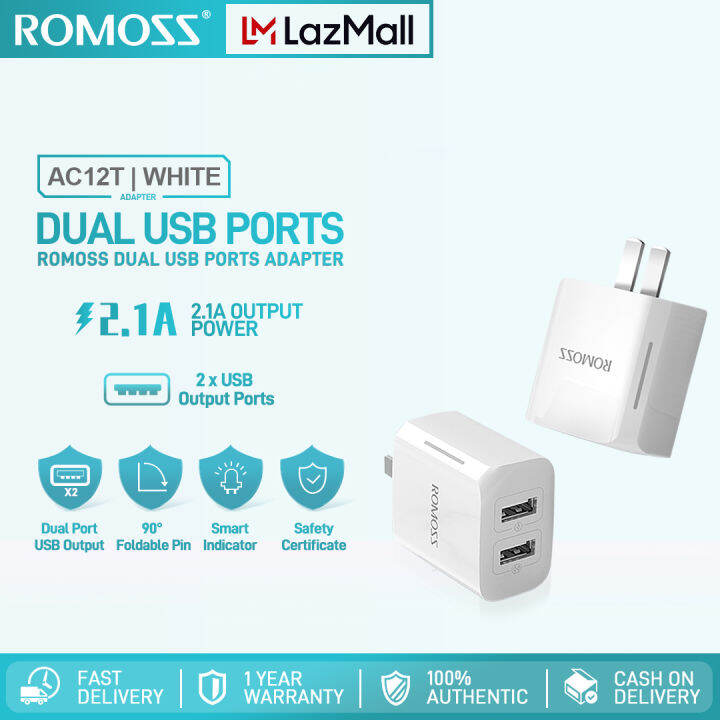 Romoss AC12T 10.5W Dual USB Adapter 2.1A Fast Charging Multiport ...