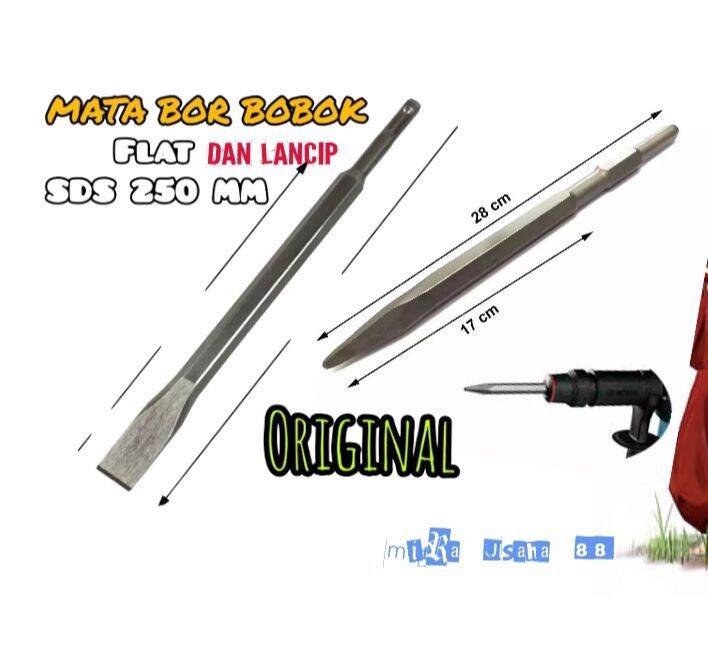 [ORIGINAL 2 Mata FLAT DAN PLUS] Bor drill Bobok SDS Plus DAN FLAT Chissel Europe Panjang 250mm ...