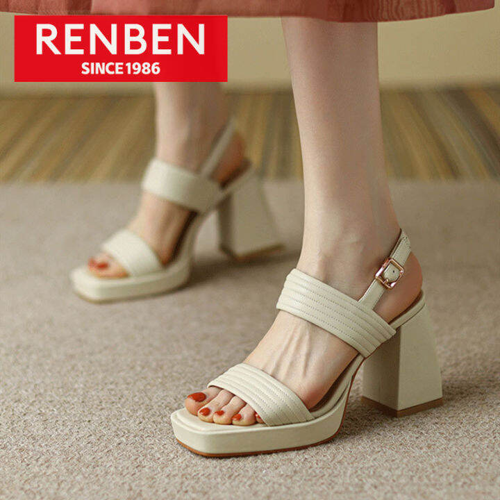 RENBEN Square toe block heeled solid platform sandals Zip-down buckle open-toe Roman sandals ...