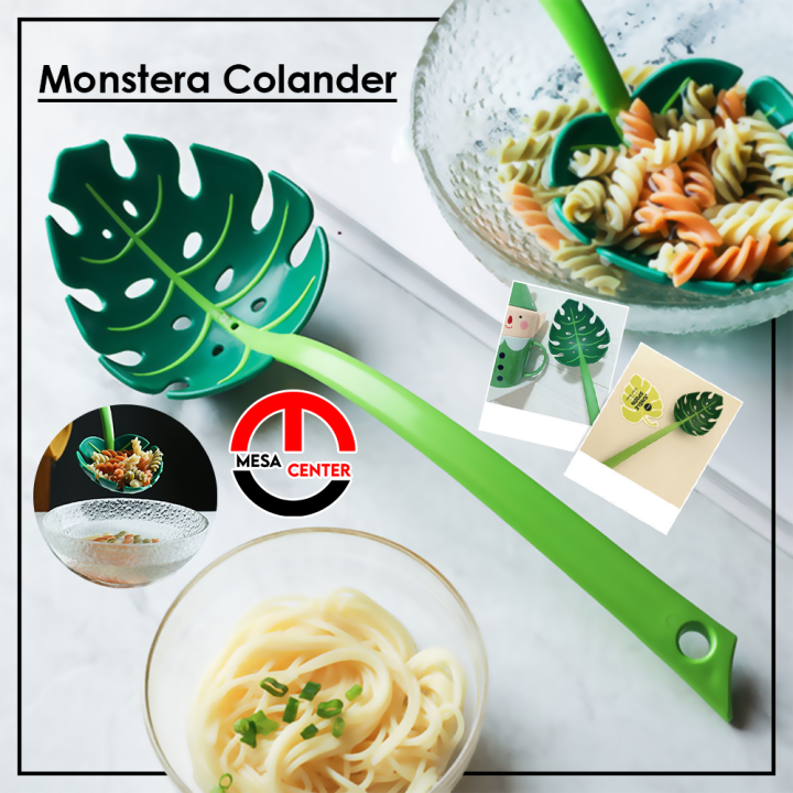 Green Monstera Leaf Colander Long-Handled Spaghetti Slotted Serving ...