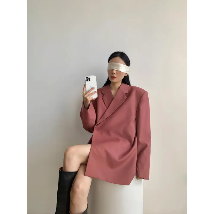 Coconie เสื้อเบลเซอร์ทรงหลวมสีทึบเสื้อคลุมยาวสไตล์เกาหลีสำหรับผู้หญิง ...