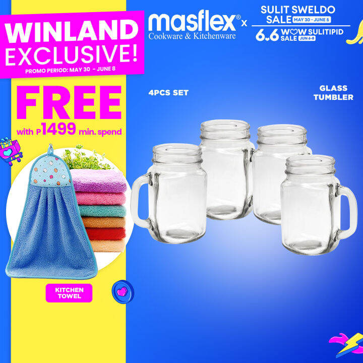 Masflex by Winland 450ml Glass 4 piece Glass Tumbler with Handle QG-095 ...