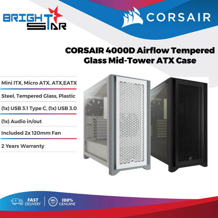 CORSAIR 4000D Airflow Tempered Glass Mid-Tower Casing - Black/White ...