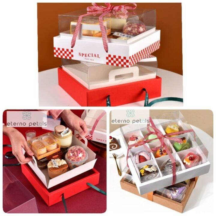 Cake Packing Box/Afternoon Tea Higher Transparent Dessert Box 4-Grid ...