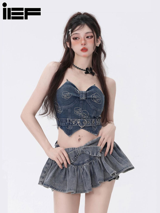 ส่วนบนผ้าเดนิม Y2k ของ IEF เสื้อเอวลอยเสื้อชั้นในสีเข้มสำหรับผู้หญิง | Lazada.co.th