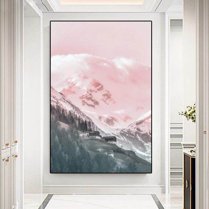 โปสเตอร์ภูเขาหิมะสีชมพูและภาพพิมพ์สีชมพูผ้าใบวาดภาพภูมิทัศน์สำหรับห้อง
