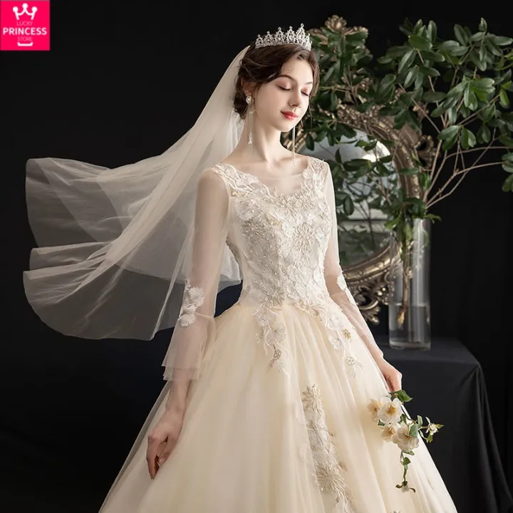 Champagne Long Sleeve Main New Wedding Dress Bride Floor-Length French ...