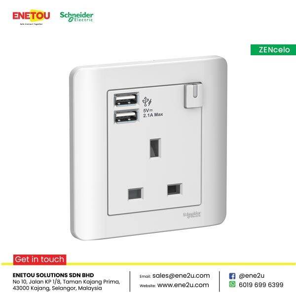 SCHNEIDER ZENCELO E8415USB 13A 1GANG SWITCHED SOCKET WITH USB, WHITE ...
