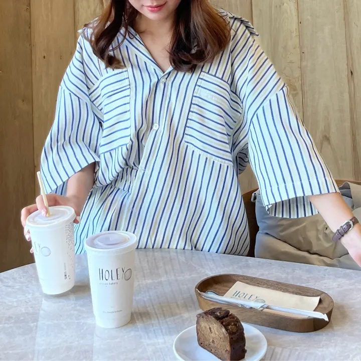 HERDAILY STUDIO good day shirt เสื้อเชิ้ตแขนสั้นลายทาง | Lazada.co.th