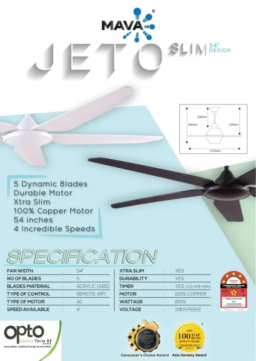 MAVA Jeto Slim Remote Control Ceiling Fan 54" (5 Blades + 4 Speed ...