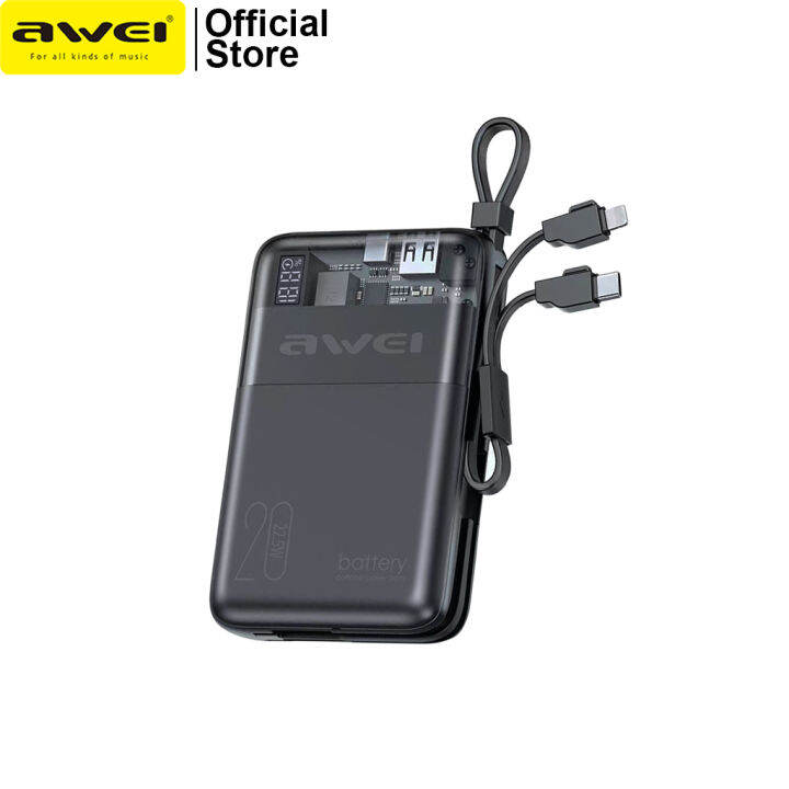 Awei P181K 20000mAh Transparent Powerbank Multi-Output Built-in Cable ...