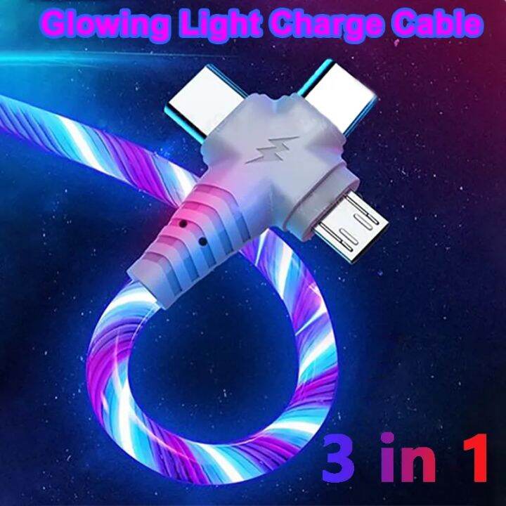 3 IN 1 LED Glow Flowin Fast Charging Cable USB Type C Luminous Lighting ...