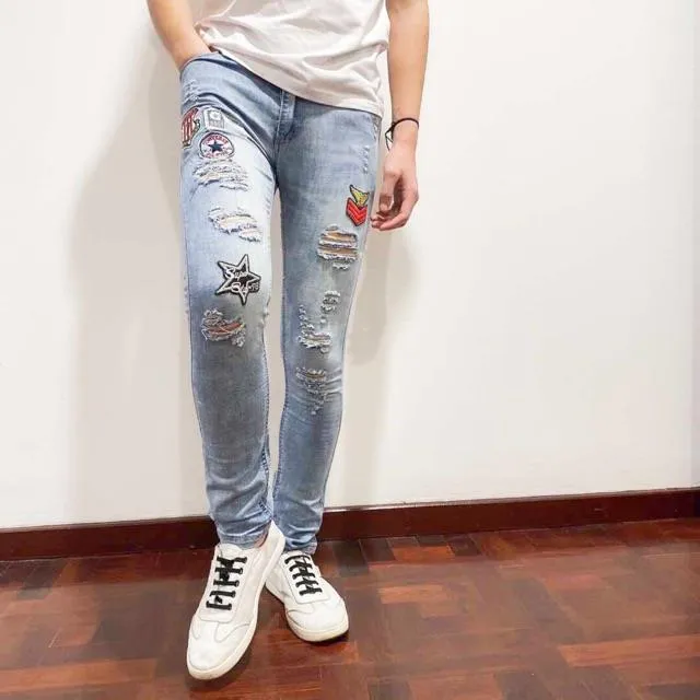 Destroyed Denim Patches Mens Skinny Jeans Strechable | Lazada PH